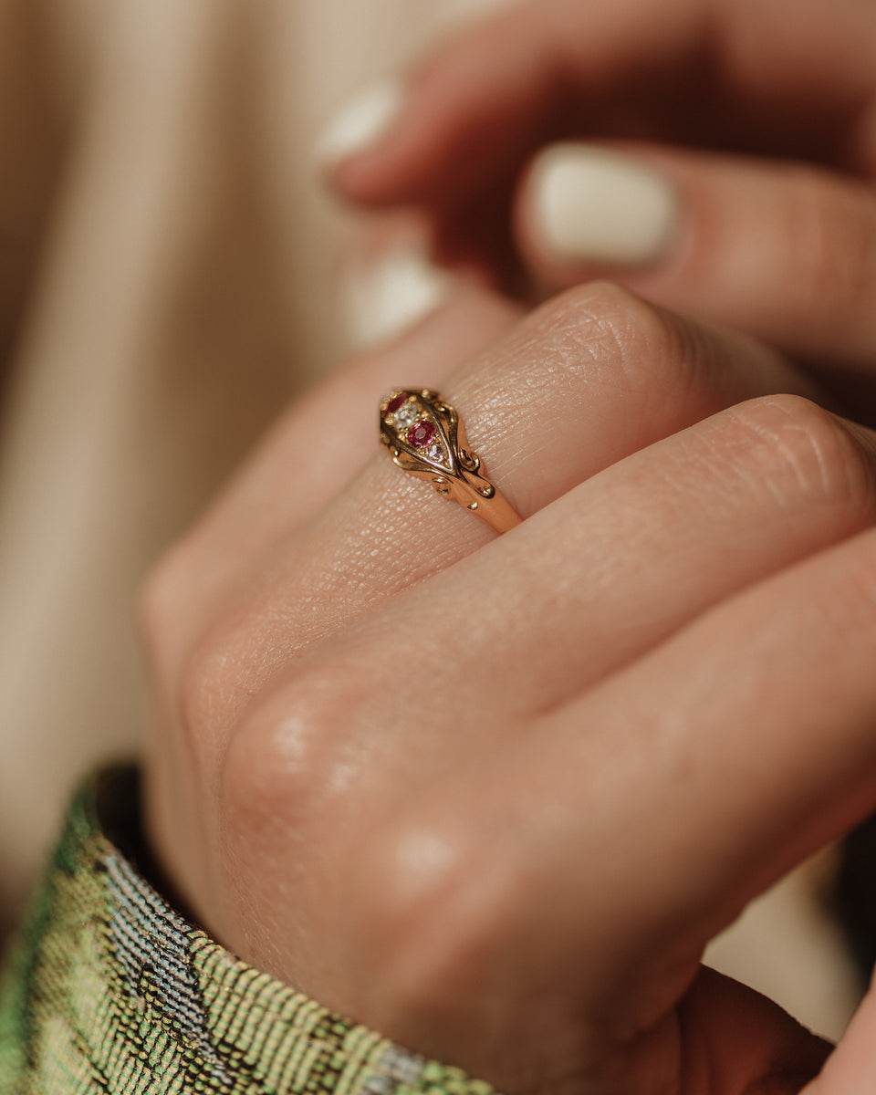 Delphine 1916 Antique 18ct Gold Ruby & Diamond Five Stone Ring | Rock n Rose