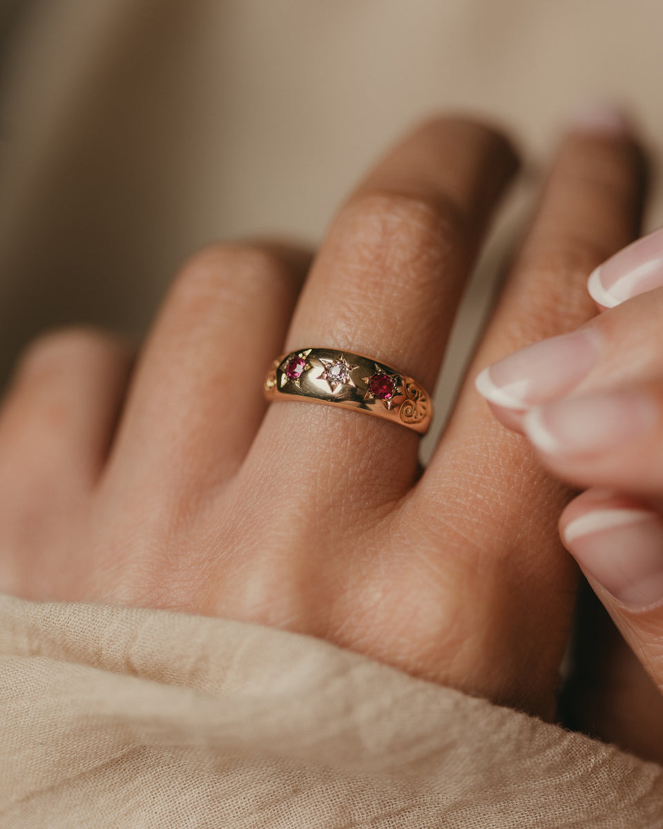 Hannah 1901 Antique 18ct Gold Ruby & Diamond Trilogy Ring | Rock n Rose