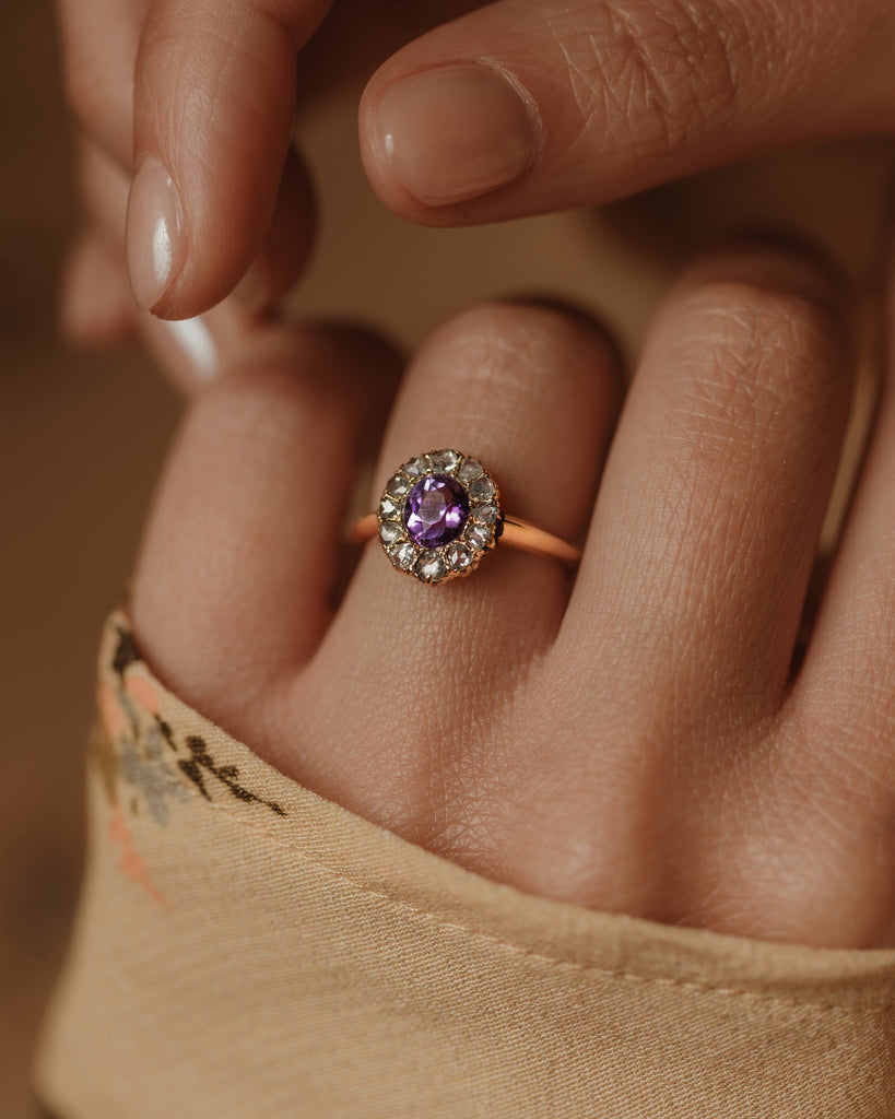 Jessamine Antique 18ct Gold Amethyst Diamond Cluster Ring Rock n Rose