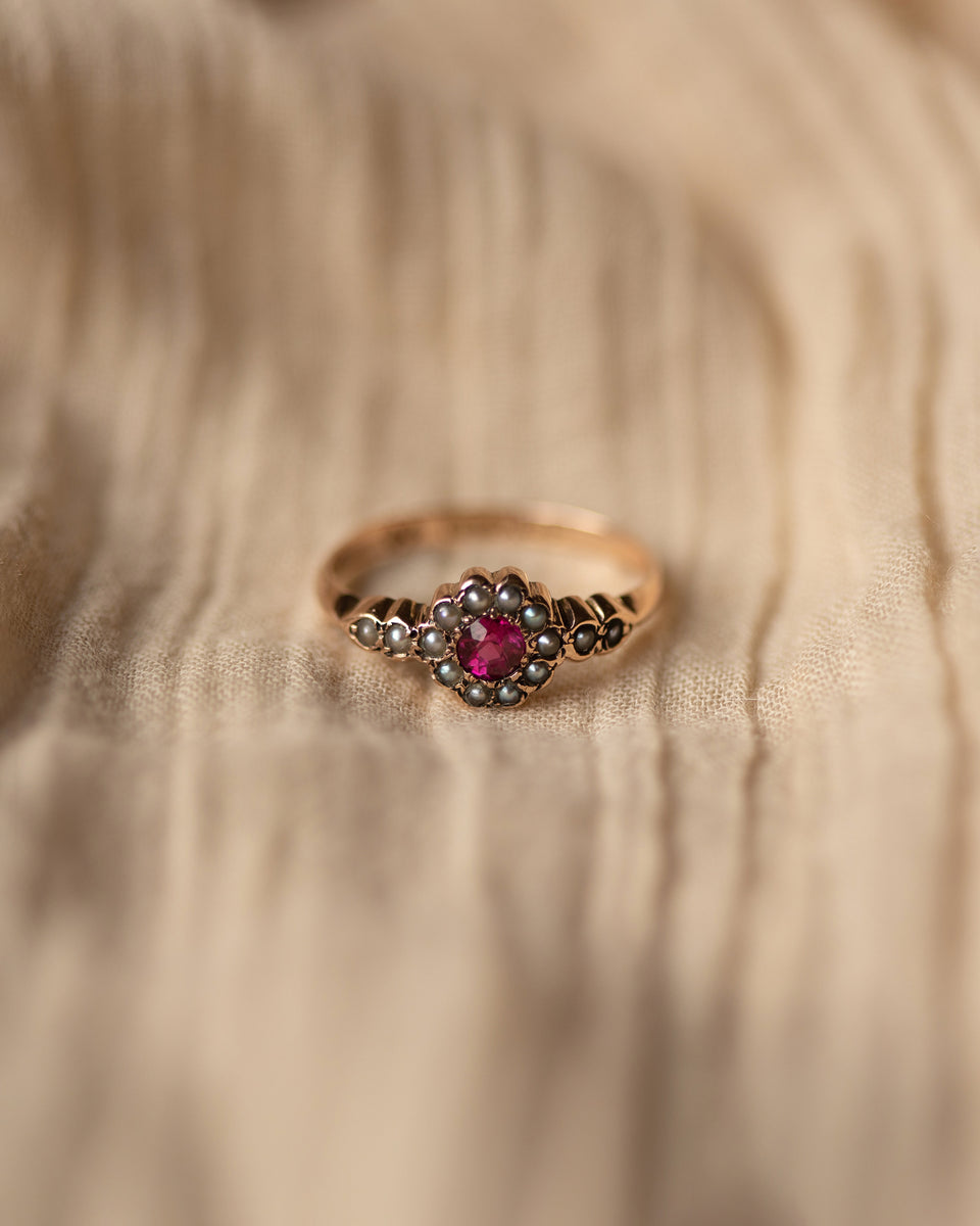 Alma 1897 Antique 9ct Gold Ruby & Pearl Cluster Ring | Rock n Rose